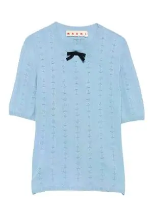 Marni Pointelle Knit T-shirt With Bow Detail - Blue