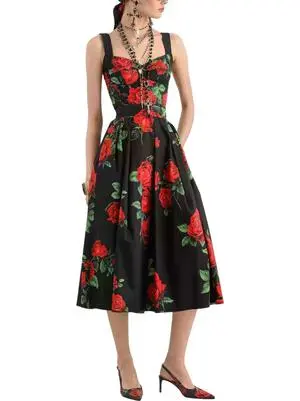 Dolce & Gabbana Rose-print Poplin Pleated Skirt - Black