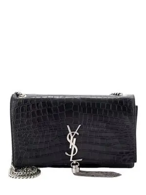 Saint Laurent Classic Monogram Tassel Crocodile Embossed Leather Medium Crossbody Bag - Black