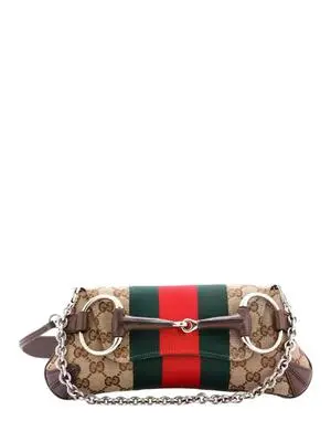 Gucci Horsebit Nm Web Chain Clutch Gg Canvas Small Shoulder Bag - Brown