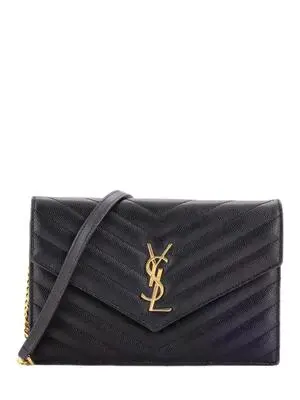 Saint Laurent Classic Monogram Wallet On Chain Matelasse Chevron Leather Small Crossbody Bag - Black