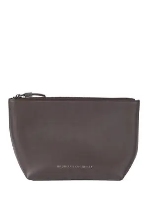 Brunello Cucinelli Calfskin Pouch With Shiny Zipper Pull - Brown