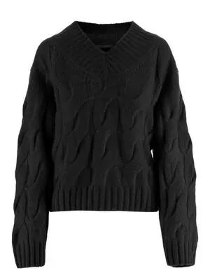 ALLUDE Cable-knit V-neck Sweater - Black