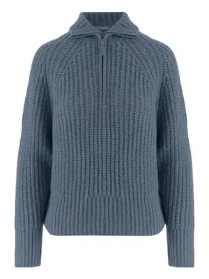 ALLUDE Half Zip Ribbed Knit Sweater - Blue