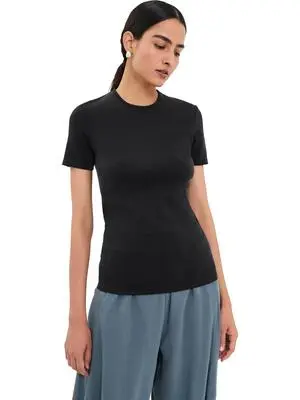 Tibi Feather Weight Viscose Neoprene Short Sleeve Tee - Black