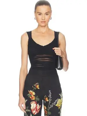 Alice + Olivia Renee Sheer Soft V Neck Ruched Tank Bodysuit - Black