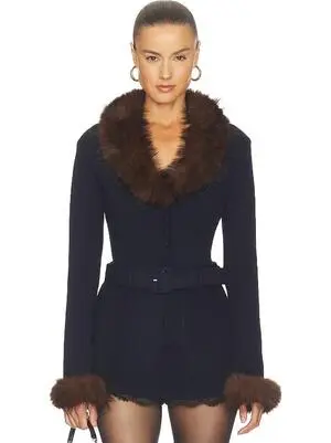 SELF-PORTRAIT Faux Fur Knit Cardigan - Navy