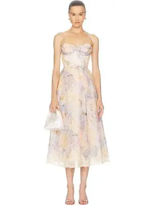 Zimmermann Valiant Tucked Midi Dress In Peach - Blue Hydrangea