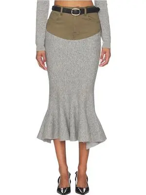 SELF-PORTRAIT Knit Khaki Denim Insert Midi Skirt - Grey