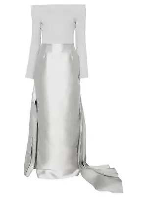Solace London Off-shoulder Satin Gown With Draped Panel - Gray