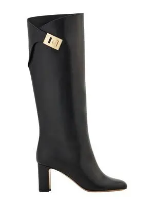 FERRAGAMO Leather Knee High Boots With Gold Tone Hug Buckle - Black