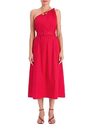 TWINSET One-shoulder Cotton Midi Dress With Adjustable Belt - Red