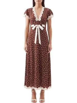Rixo Polka-dot Silk Midi Dress With Lace Inserts - Brown