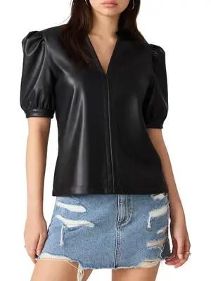 Steve Madden Cecilia Faux Leather Puff Sleeve Top - Black