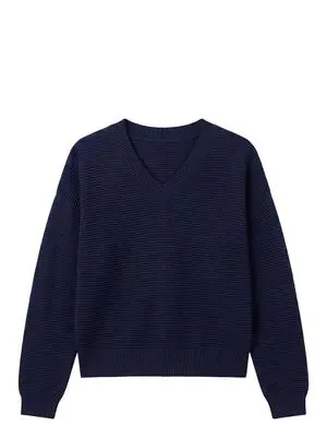 BRODIE CASHMERE Rippled Stitch V-neck Jumper - Blue
