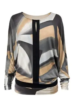CONQUISTA Abstract Print Long-sleeve Top With Contrast Panel Detail - Grey