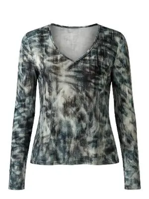 CONQUISTA Abstract Tie-dye Long-sleeve V-neck Top - Black/blue/white
