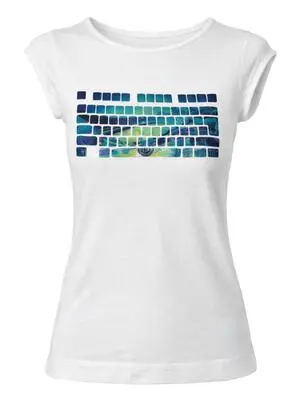 CONQUISTA Abstract Mosaic Print Cap-sleeve Top - White
