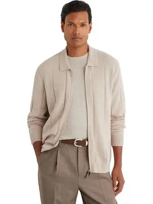 REISS Martindale Wool Textured Zip-through Cardigan - Oatmeal