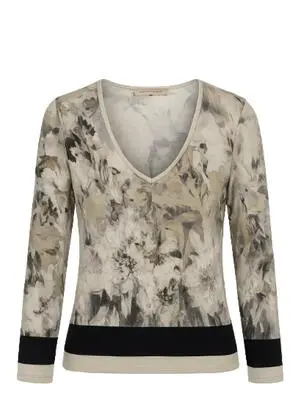 CONQUISTA Conquista Abstract Print Long-Sleeve V-Neck Top