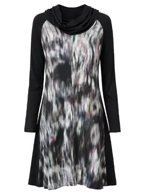 CONQUISTA Abstract Print Hooded Long Sleeve Dress - Black