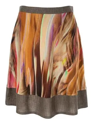CONQUISTA A-line Skirt With Abstract Brushstroke Print And Contrast Hem - Brown