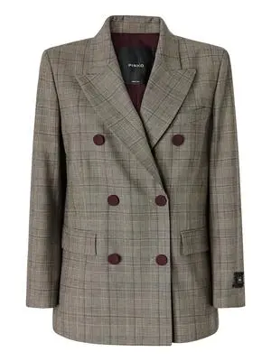 Pinko PINKO Double-Breasted Plaid Peak Lapel Blazer Beige/bordeaux/nero