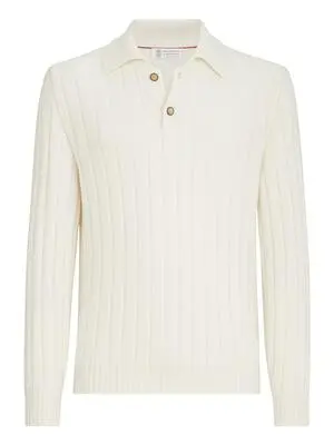 Brunello Cucinelli Cashmere Ribbed Polo Sweater - White