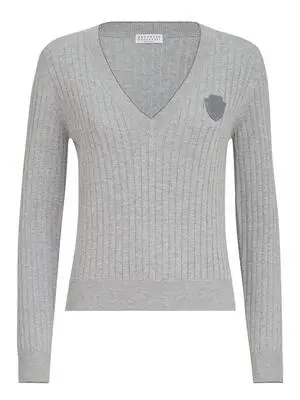 Brunello Cucinelli Ribbed Cotton V-neck Sweater - Grey