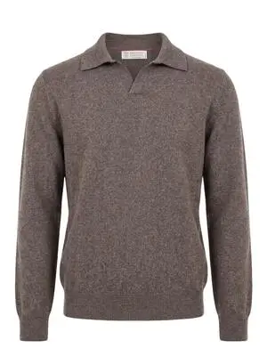Brunello Cucinelli Mouliné Cashmere Knit Polo Gray