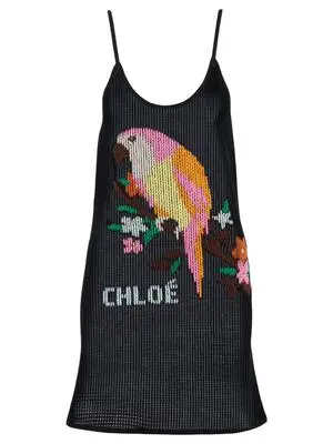 Chloé Embroidered Parrot Mesh Knit Mini Dress - Black