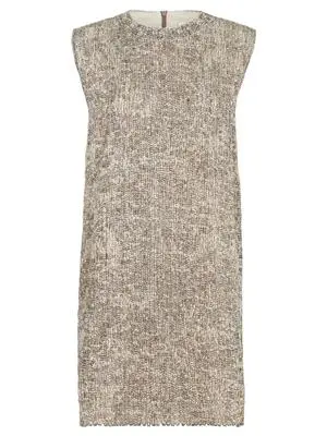 Brunello Cucinelli Sleeveless Round Neck Dress With Dazzling Craquelé Embroidery In Mohair And Wool - Silver