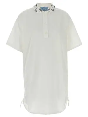 Prada Embroidered Short-sleeved Poplin Mini Dress - White