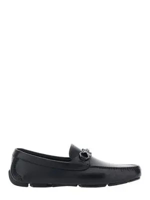 FERRAGAMO Calfskin Driver Loafers With Metal Gancini Horsebit - Black