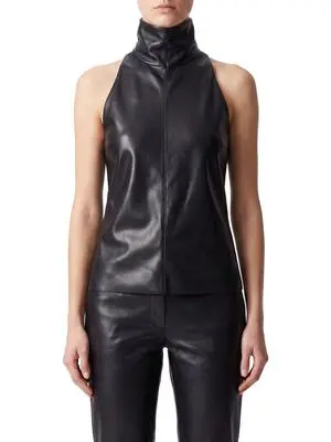 Khaite Off-the-shoulder Lambskin Leather Turtleneck Top With A Slim Fit - Black