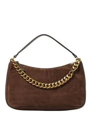 TWINSET Liliane Suede Shoulder Bag With Metal Mesh Details - Coffee