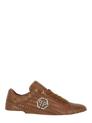 Philipp Plein Philipp Plein Woven Leather Low-Top Sneakers With Hexagon Logo Brown