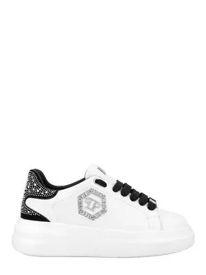 Philipp Plein Leather Chunky Sneakers With Hexagon Logo And Rhinestones - White
