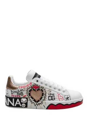 Dolce & Gabbana Portofino Low-top Sneakers In Calfskin With Studs And Rhinestones - White