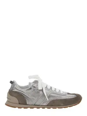 Brunello Cucinelli Bicolour Laminated And Suede Leather Trainers With Monili - Grey