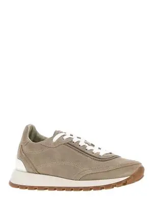 Brunello Cucinelli Suede Calfskin Low-top Trainers With Monili Embellishment - Beige
