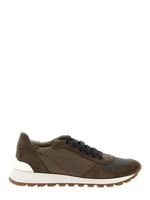 Brunello Cucinelli Embroidered Nylon And Suede Trainers With Monili - Mud