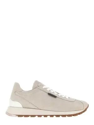 Brunello Cucinelli Brunello Cucinelli Suede Calfskin Low-Top Trainers With Monili Detail Grey 1