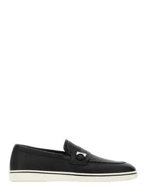 FERRAGAMO Grained Calf Leather Loafers With Metal Gancini Detail - Black