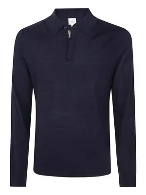 Paul Smith Long-sleeved Slim Fit Merino Wool Knit Polo Shirt Blue