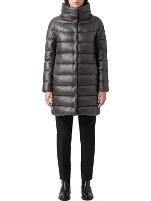 Herno Dora Quilted High Neck Knee-length Down Jacket In Ultralight Nylon - Grey