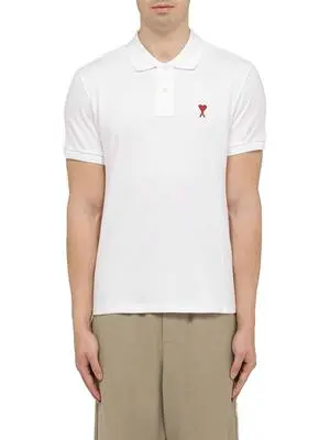 AMI Paris Slim Fit Embroidered Logo Polo Shirt In Organic Cotton White