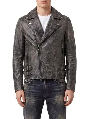 DIESEL® Distressed-effect Leather Biker Jacket With Buckle Detail - Grey