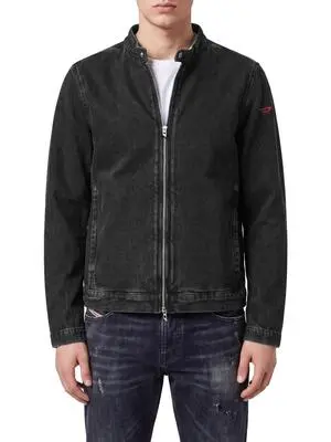 DIESEL® D-glory Denim Jacket With Biker Collar And Embroidered Logo - Black