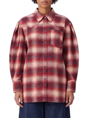 GANNI Plaid Shirt With Puff Sleeves - Wine